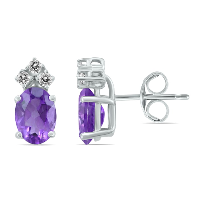 14K White Gold 6x4MM Oval Amethyst and Three Stone Diamond Earrings ...
