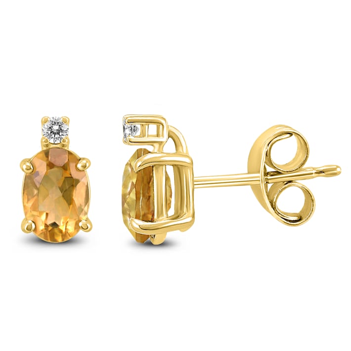 14K Yellow Gold 7x5MM Oval Citrine and Diamond Earrings - 11K28A