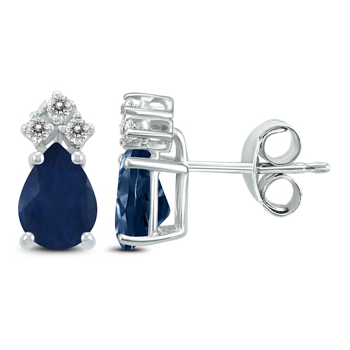 14K White Gold 5x3MM Pear Sapphire and Three Stone Diamond Earrings ...