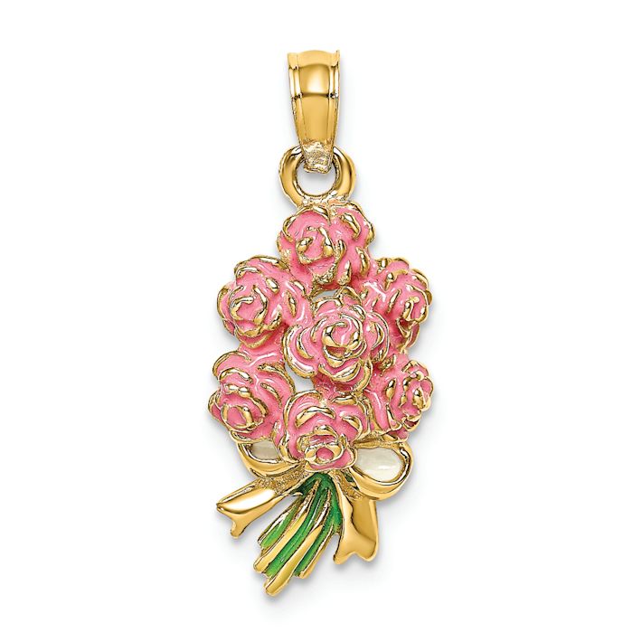 14k Yellow Gold Enameled Bouquet of Pink Roses Charm - 1CRYBA