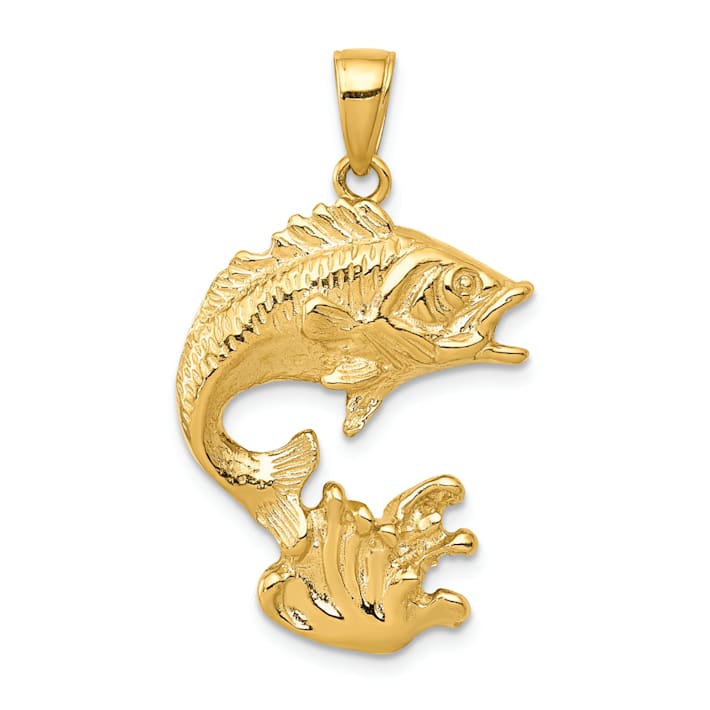 14k Yellow Gold Polished and Textured Open-Backed Bass Fish Pendant ...