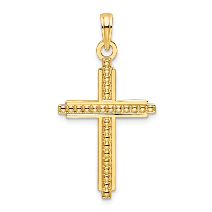 14k Yellow Gold Polished Beaded Textured Cross Pendant - 1C1JYA