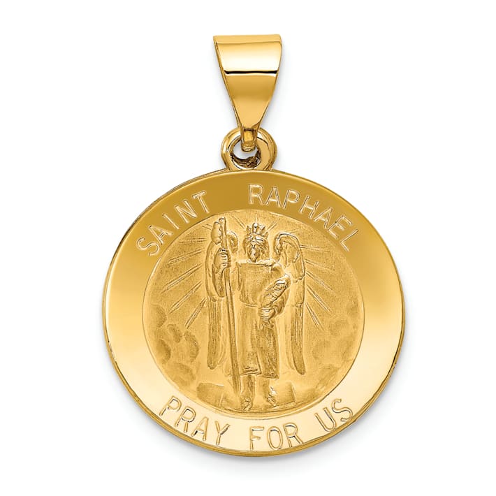 14K Yellow Gold Polished and Satin St Raphael Medal Hollow Pendant - 110PQA