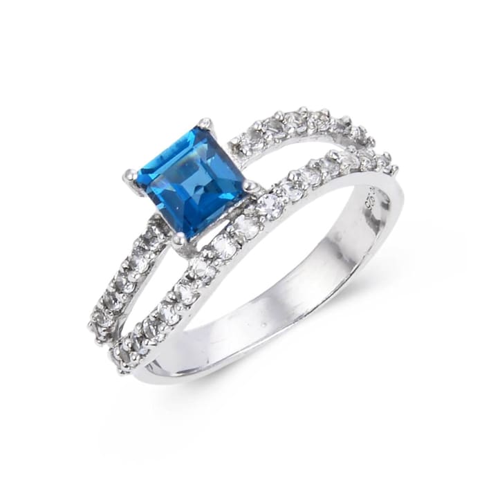 Square Blue Topaz with White Topaz Accents Sterling Silver Ring, 1 ...