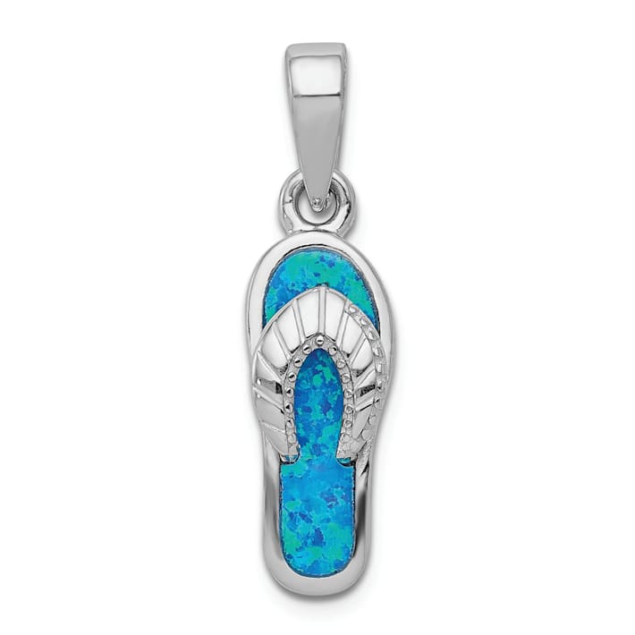 Rhodium Over Sterling Silver Lab Created Blue Inlay Opal Sandal Pendant ...