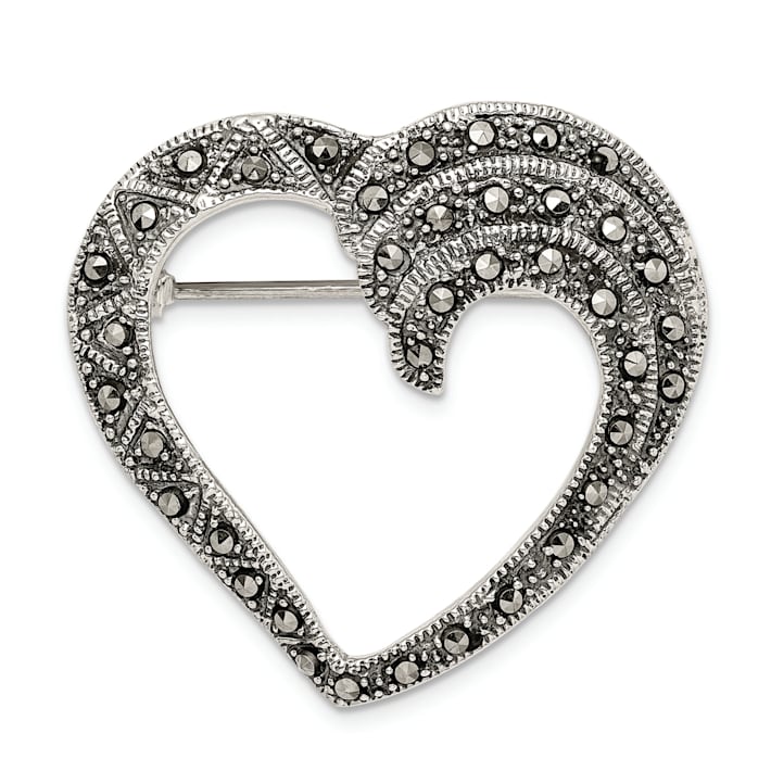 Sterling Silver Marcasite Open Heart Pin Brooch - 1V45KA