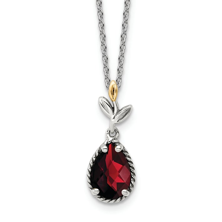 Sterling Silver with 14K Accent Antiqued Leaf Garnet with 2-inch Extension Necklace - 18GMJA