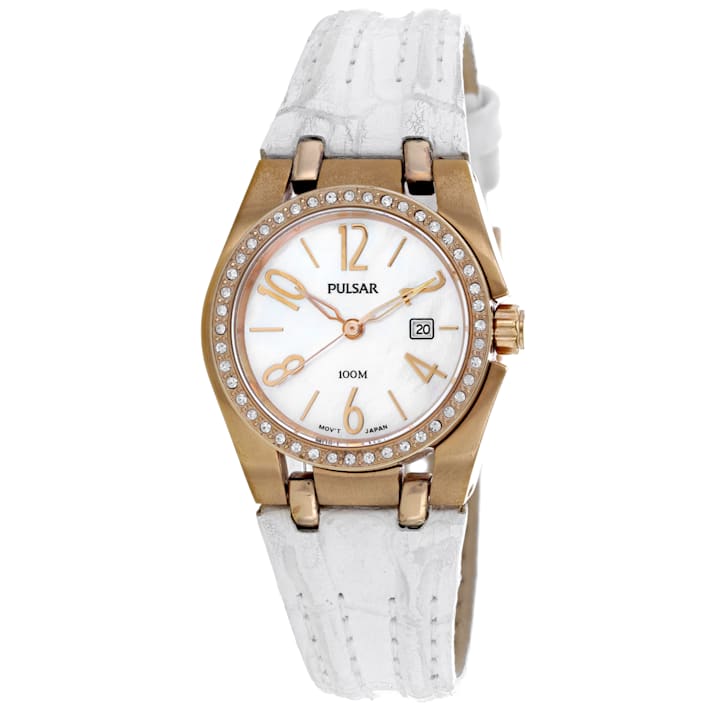 Pulsar Women's Classic Rose Bezel with Crystal Accents White Leather ...