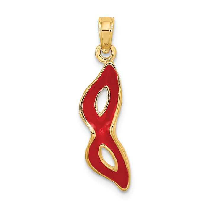 14k Yellow Gold 3D and Red Enamel Beveled Masquerade Mask Pendant - 19P0HA