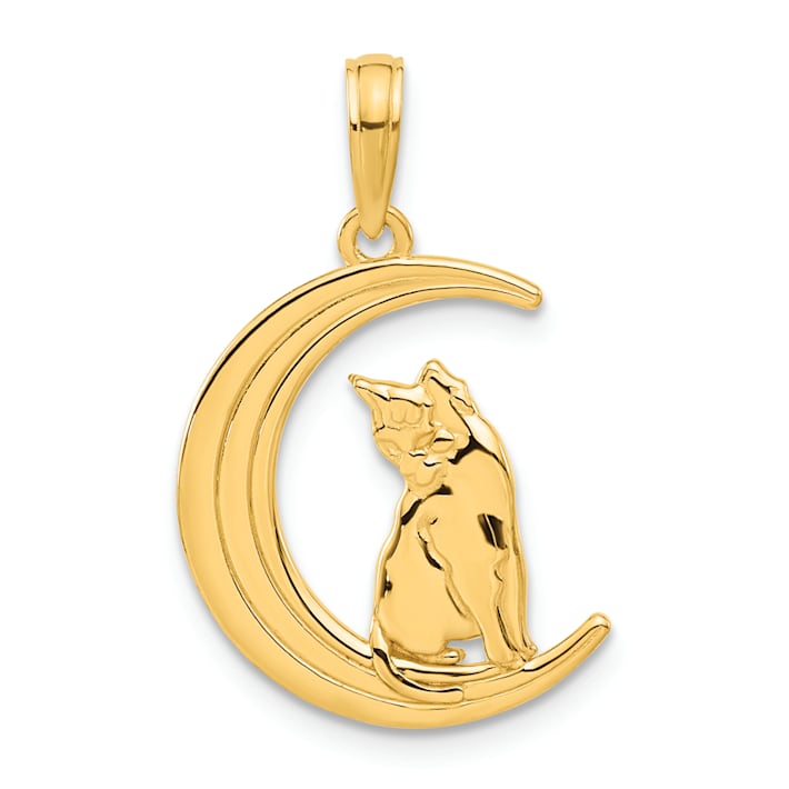 14k Yellow Gold Polished Cat Sitting On Moon Pendant - 19752A