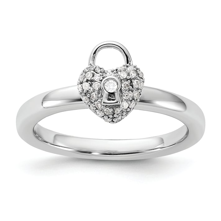 Sterling Silver Stackable Expressions Polished Diamond Heart Lock Ring ...