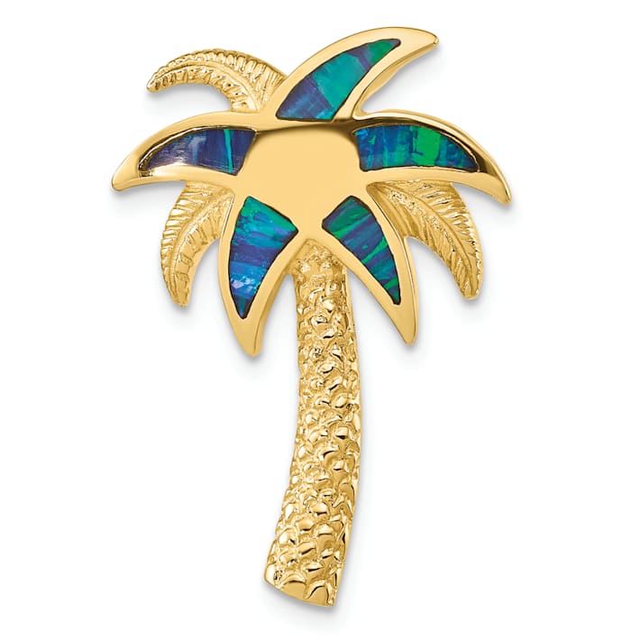 14k Yellow Gold Textured Lab Created Opal Palm Tree Slide - 19HYJA