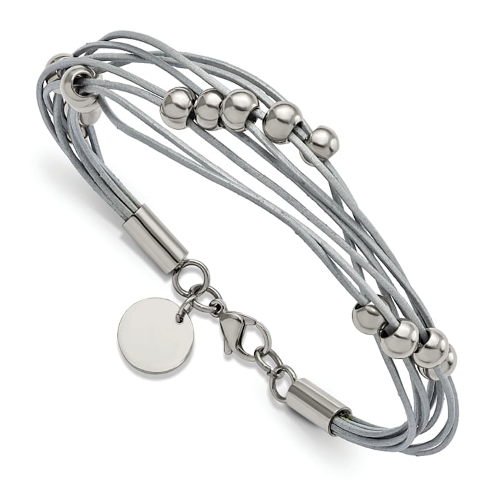 Gray Leather and Stainless Steel Polished Beaded Multi-Strand 8-inch ...