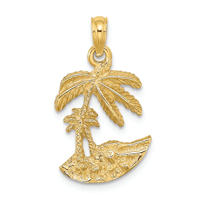 14k Yellow Gold 2D Textured Palm Trees On Island Charm - 1D144A