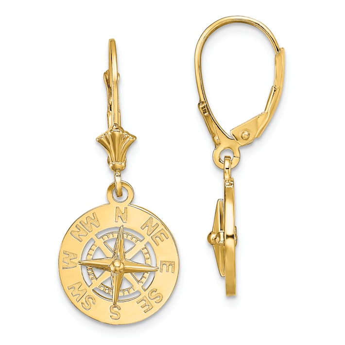 14k Yellow Gold Mini Nautical Compass Dangle Earrings - 11JF7A