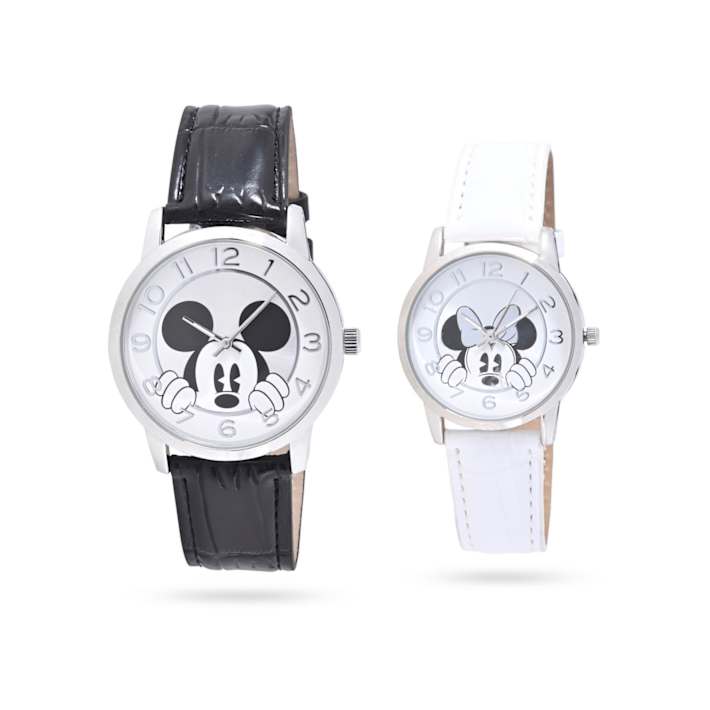 Disney Mickey and Minnie His Black Band and Hers White Band Watches Set ...