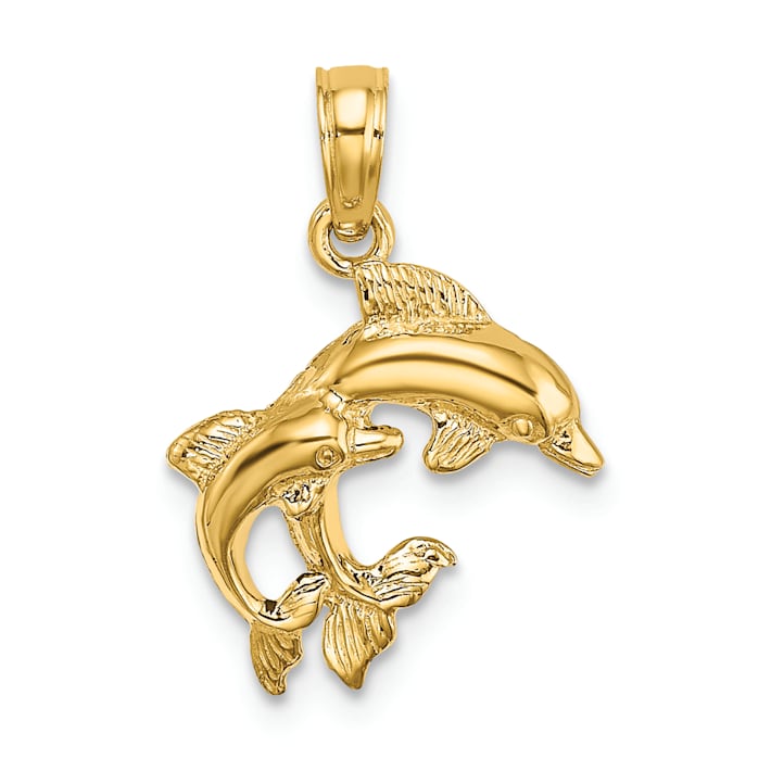 14k Yellow Gold Polished and Textured 2D Mini Double Dolphins Charm ...