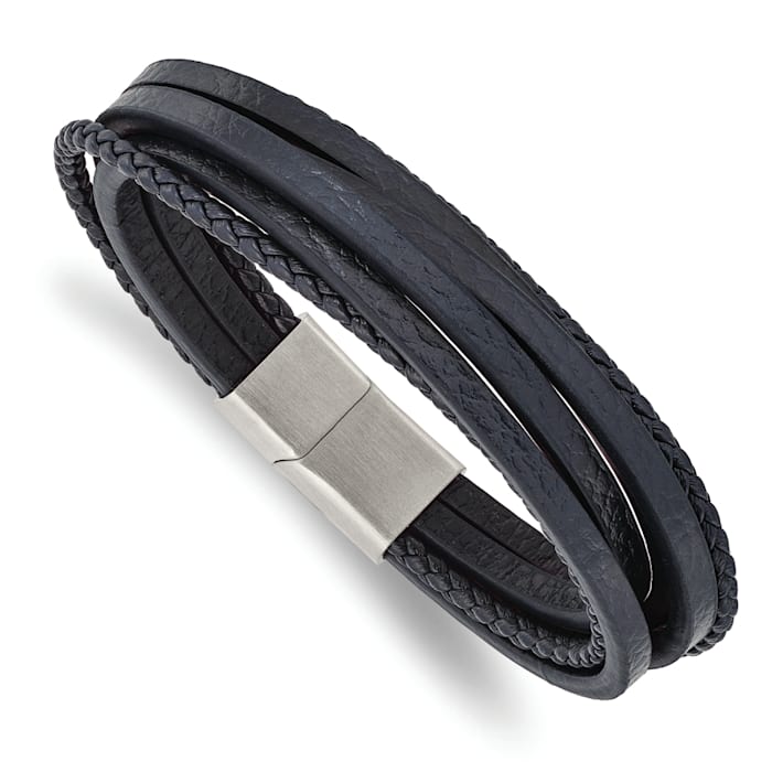 Navy Blue Leather and Stainless Steel Brushed Multi Strand 8-inch ...