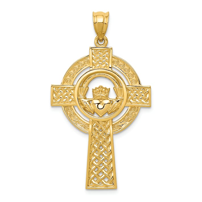 14K Yellow Gold Celtic Claddagh Cross Pendant - 1323DA