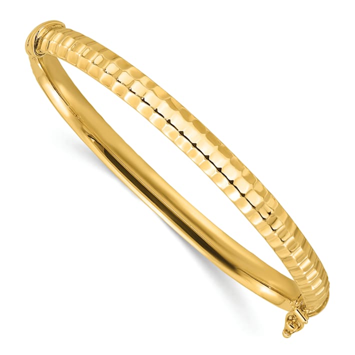 14K Yellow Gold Polished and Ridged Hinged Bangle Bracelet - 145Q3A