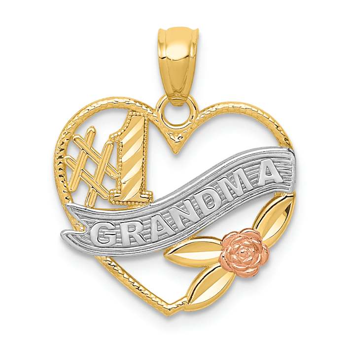 14K Tri-color Gold Textured Diamond-Cut #1 Grandma in Heart Pendant ...