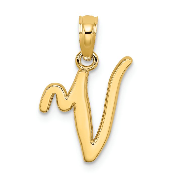 14k Yellow Gold Script Letter V Initial Pendant - 1C71QV