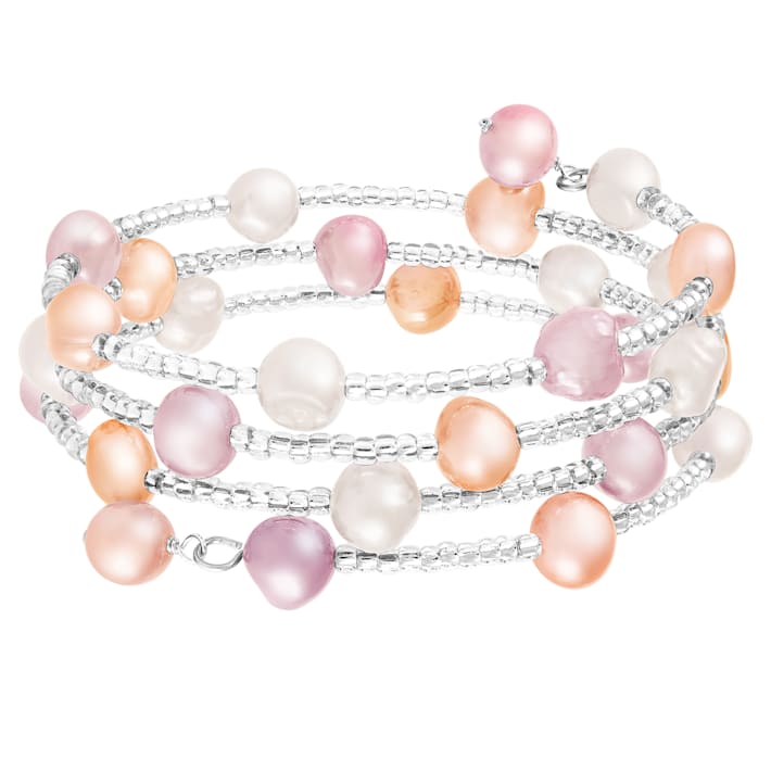 Sterling Silver Rhodium Plated Triple Row Freshwater Pearl Coil ...
