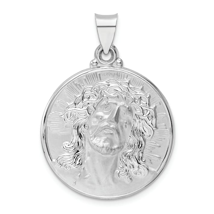 Rhodium Over 14k White Gold Polished and Satin Jesus Face Disc Pendant ...