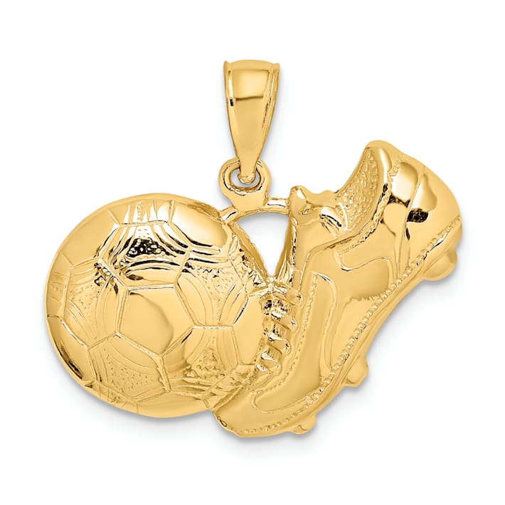 14k Yellow Gold Textured Soccer Shoe Kicking Ball Charm - 118X0A