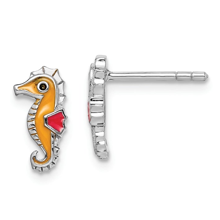 Rhodium Over Sterling Silver Childs Enamel Seahorse Post Earrings - 140FCA
