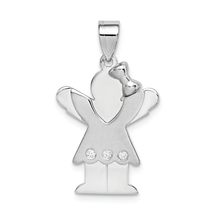 Rhodium Over 14k White Gold Satin Diamond Kid with Bow Pendant - 1CBJHA