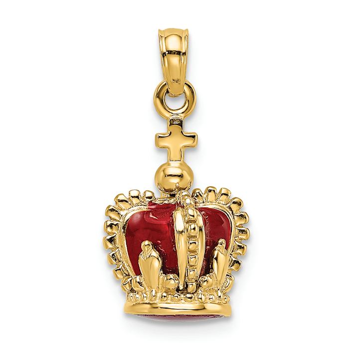 14k Yellow Gold 3D Textured Red Enamel Inside Crown with Cross on Top ...