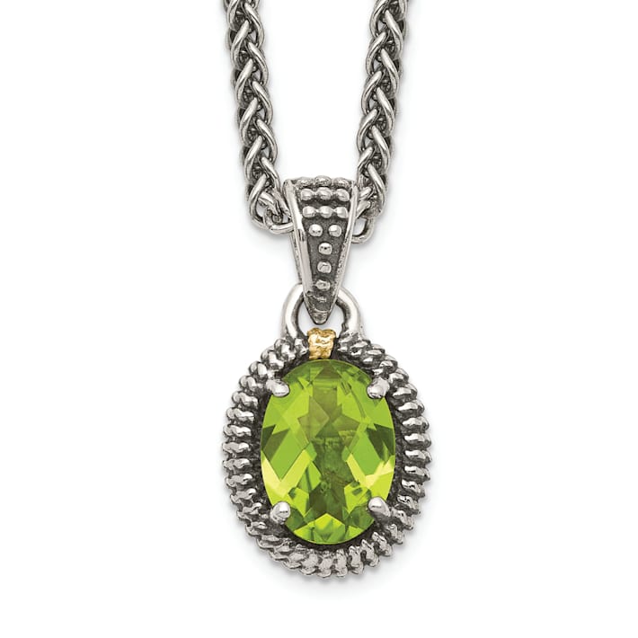 Sterling Silver Antiqued with 14K Accenty Peridot Oval Necklace - 19463A