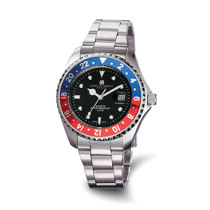 Charles Hubert Stainless Steel Black Dial Red/Blue Bezel Watch - 13R79A