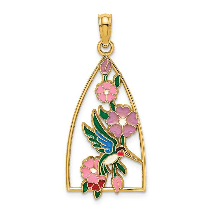 14k Yellow Gold with Enamel Hummingbird and Flowers Charm - 18D07A