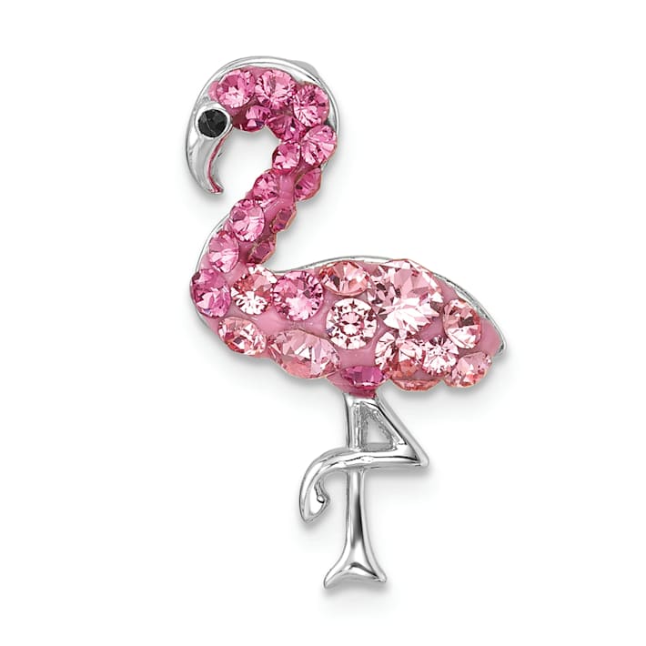 Rhodium Over Sterling Silver Polished Pink Crystal Flamingo Chain Slide ...