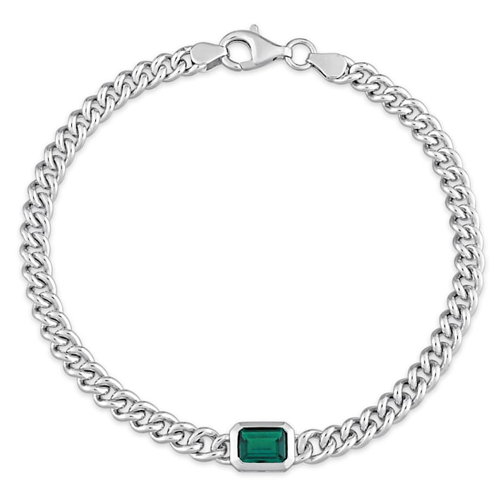 7/8 CT TGW Created Emerald Curb Link Chain Bracelet in Sterling Silver ...