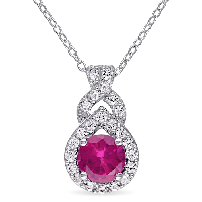 1 4/5 CT TGW Created White Sapphire and Created Ruby Halo Pendant with ...