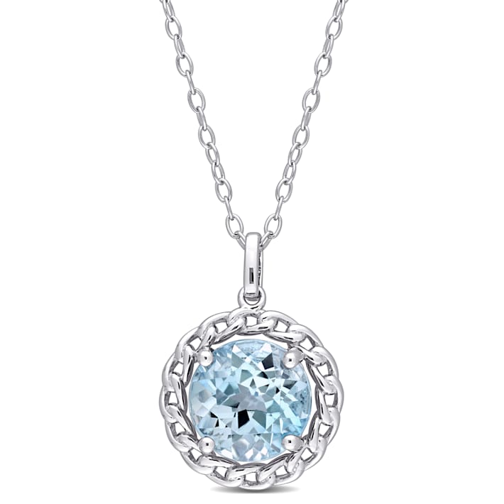 3 1/2 CT TGW Sky Blue Topaz Halo Pendant with Chain in Sterling Silver ...