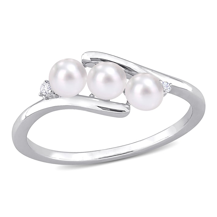 3.5-4MM Freshwater Cultured Pearl and Diamond Accent 3-Stone Bypass ...