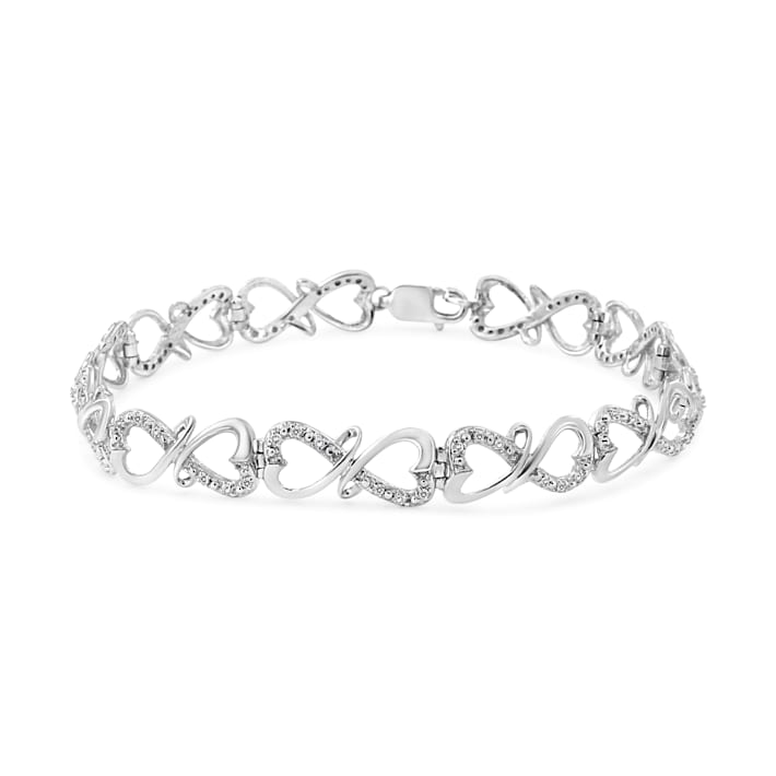 0.33ctw Round White Diamond Double Heart Sterling Silver Tennis ...