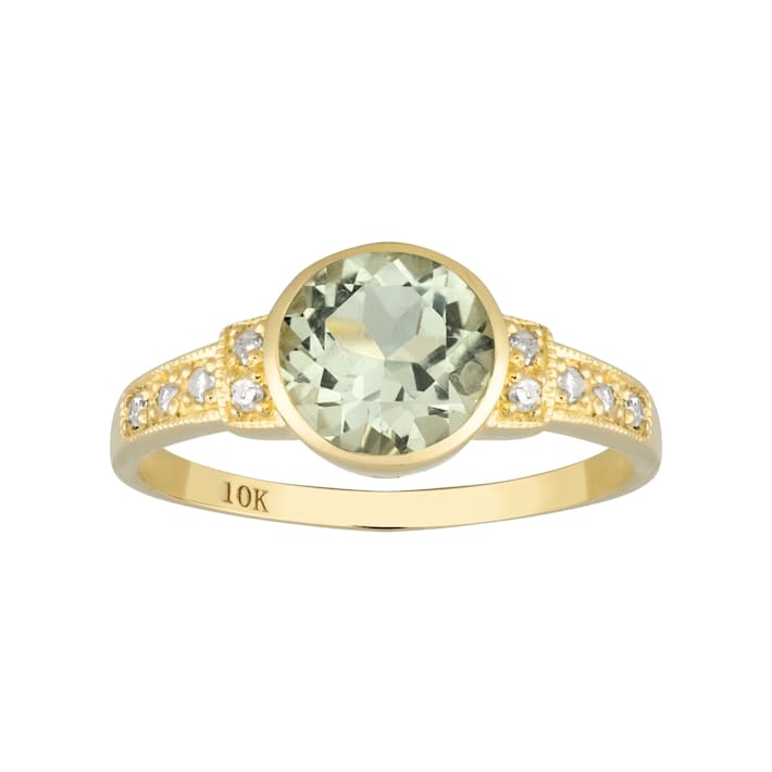 10k Yellow Gold Vintage Style Genuine Round Prasiolite and Diamond Ring ...