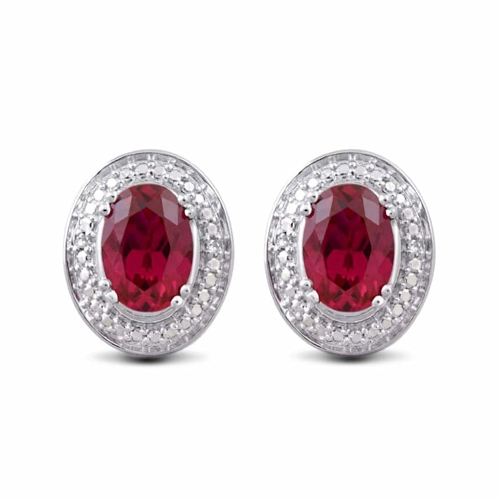 Sterling Silver 7x5 MM Oval Ruby and Natural White Round Diamond Stud ...
