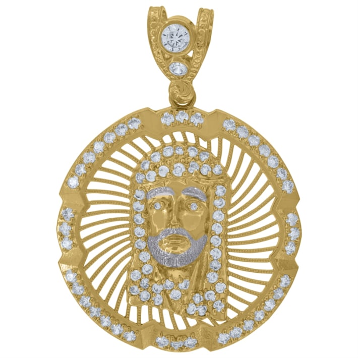 Diamond2Deal 10K Two-Tone Gold Cubic Zirconia Jesus Medallion Pendant ...