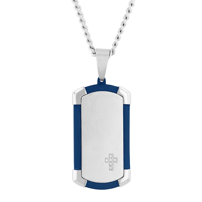 Diamond Accent Stainless Steel Blue Ion Plated Dog Tag Pendant - 12310A