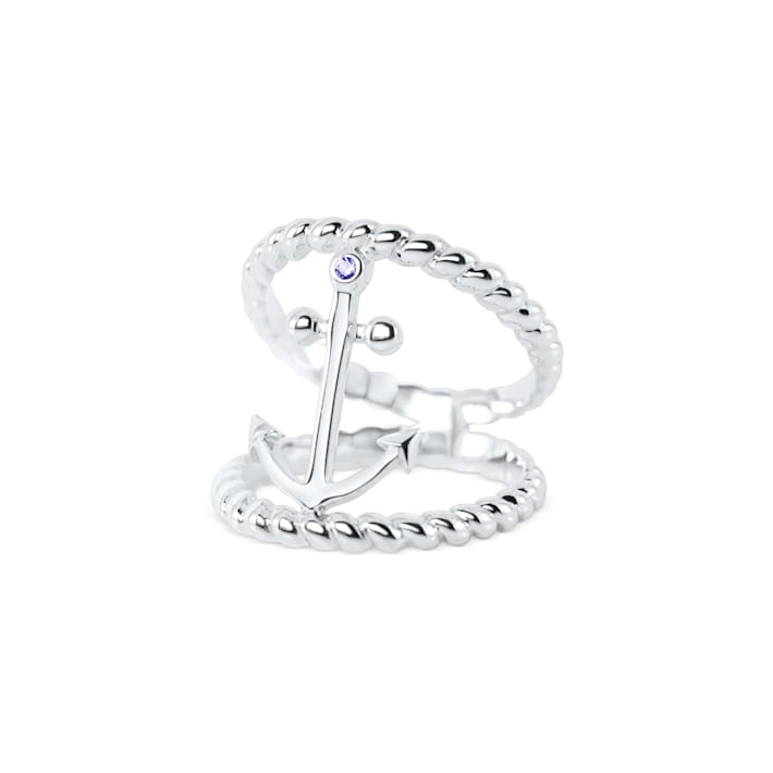 Sterling Silver Anchor Open Rope Design Ring with Blue CZ Accent. - 11547A