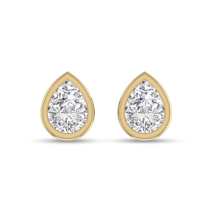 Lab Grown 1 Carat Pear Shaped Bezel Set Solitaire Diamond Earrings in 14K Yellow Gold
