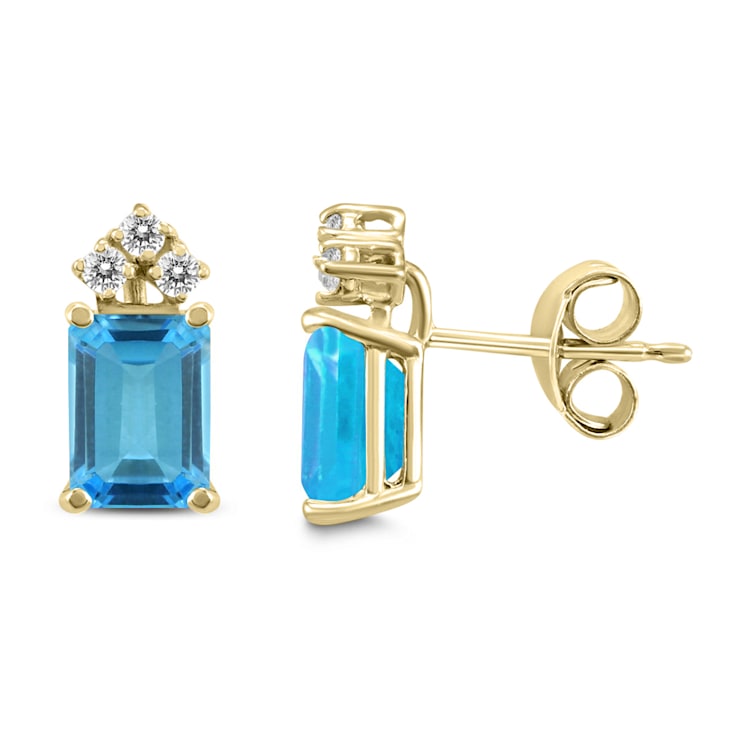 14K Yellow Gold 7x5MM Emerald Shaped Blue Topaz and Three Stone Diamond ...