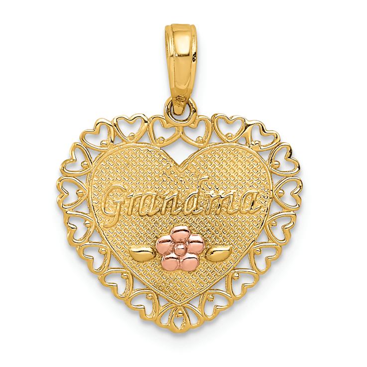 14k Two-tone Gold Textured Grandma in Heart with Flower Charm - 17Z8XA