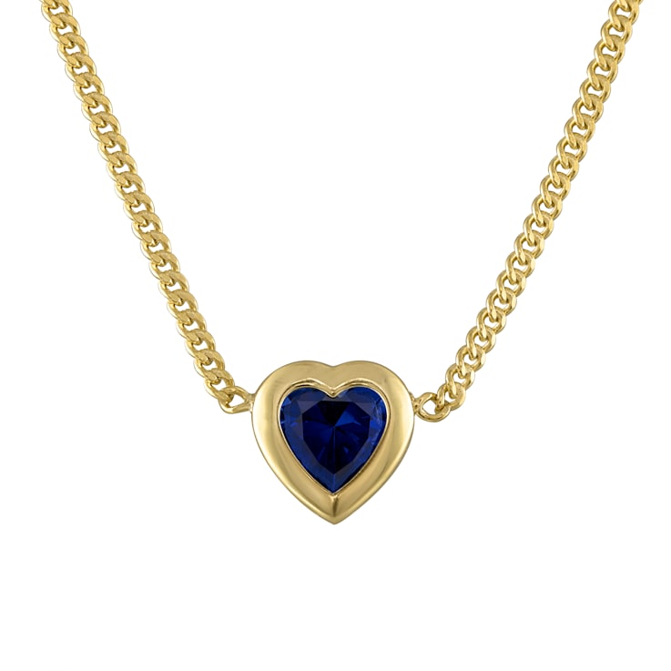 14K Yellow Gold Over Sterling Silver Lab Created Sapphire Heart Curb Chain Necklace 1.2ctw